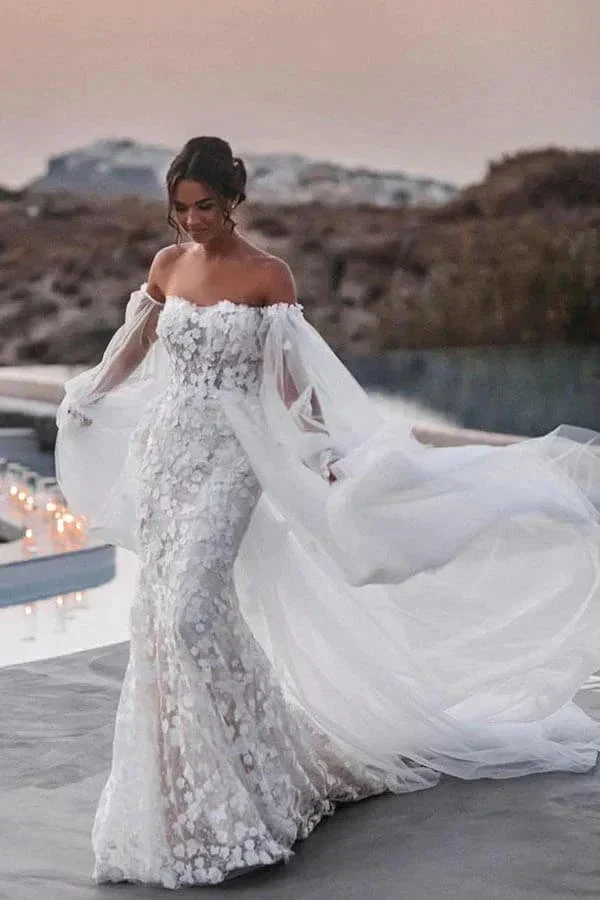 Off Shoulder Lace Mermaid Beach Wedding Dresses With Detachable Train ...