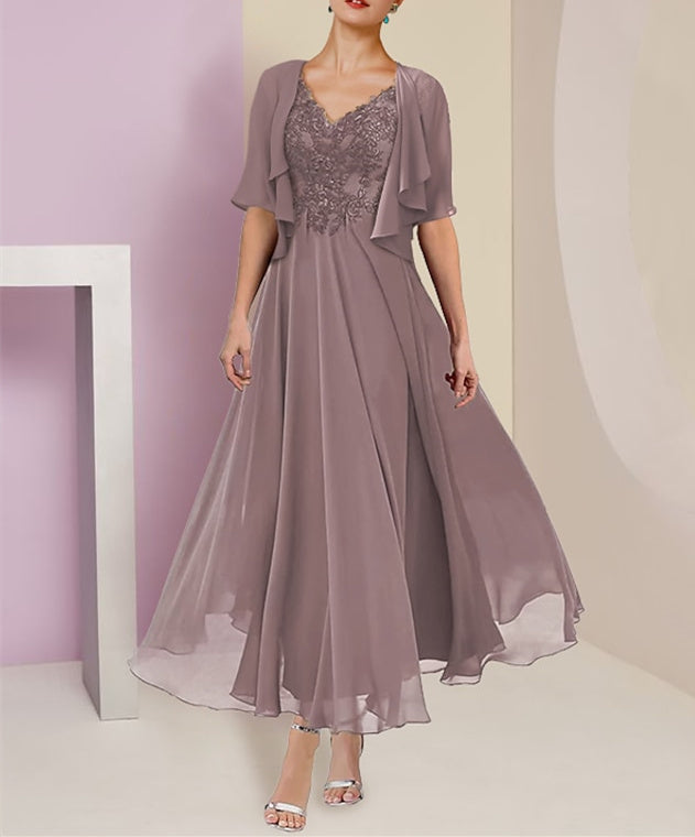 A-Line/Princess Chiffon V Neck Short Sleeves Mother of the Bride Dress ...