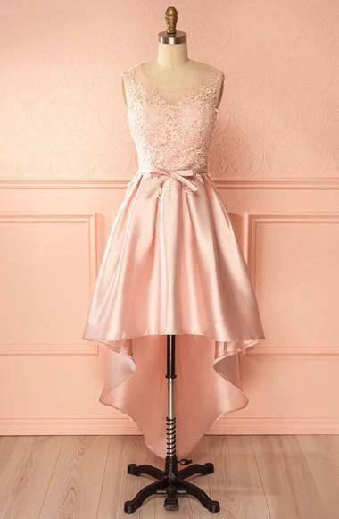 A-Line Scoop High Low Pink Satin Homecoming Dress With Appliques PD120 ...