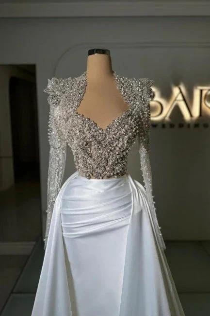 Designer Column Tulle Satin Sweetheart Long Sleeve Prom Dress With Rhi ...