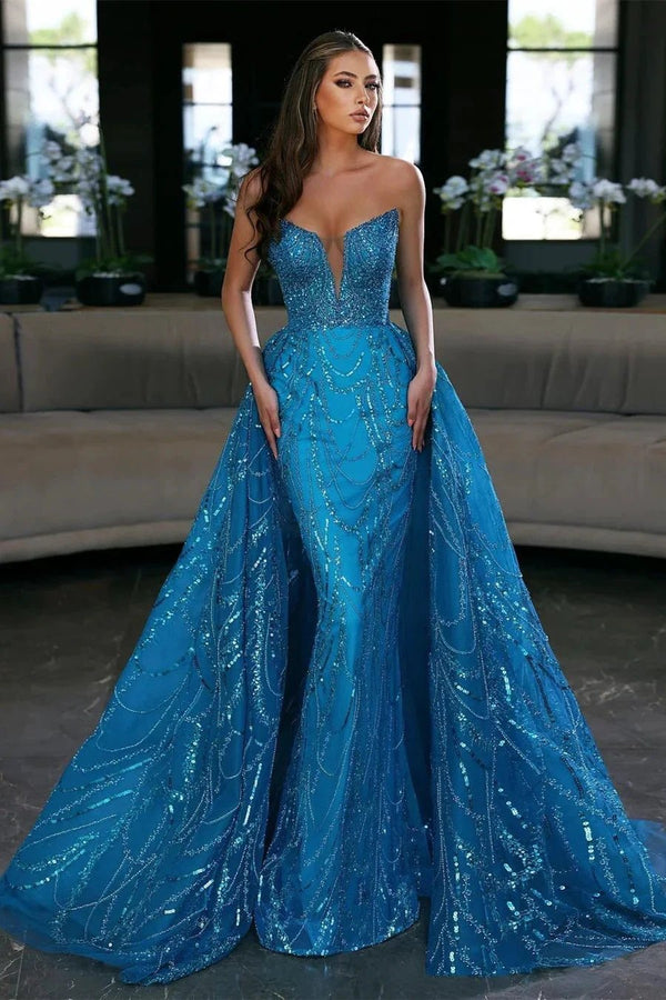 Gorgeous Blue Long Mermaid Sleeveless Prom Dress With Detachable Train ...