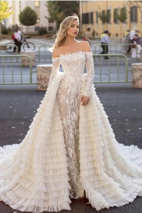 Long Sleeves Off the Shoulder Mermaid Wedding Dress With Train – ZAPDRESS