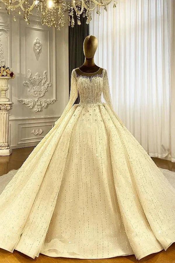 Luxurious Princess Ivory Long Sleeves A-line Wedding Dress With Beads ...