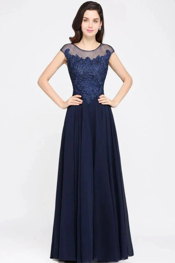 Navy Blue A-line Scoop Appliques Chiffon Prom Dress – ZAPDRESS