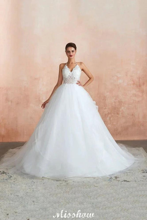Simple Halter Ball Gown Open Back Lace Bridal Gown with Chapel Train ...